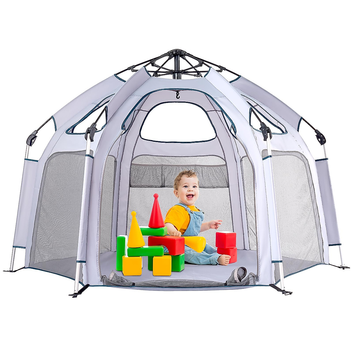 RUNBOW Baby Playpen - Indoor & Outdoor Playpen with Canopy, Portable Playpen for Babies and Toddlers-Baby Beach Tent,Foldable Travel Bag-Pop Up Pack and Play Yard(Grey)