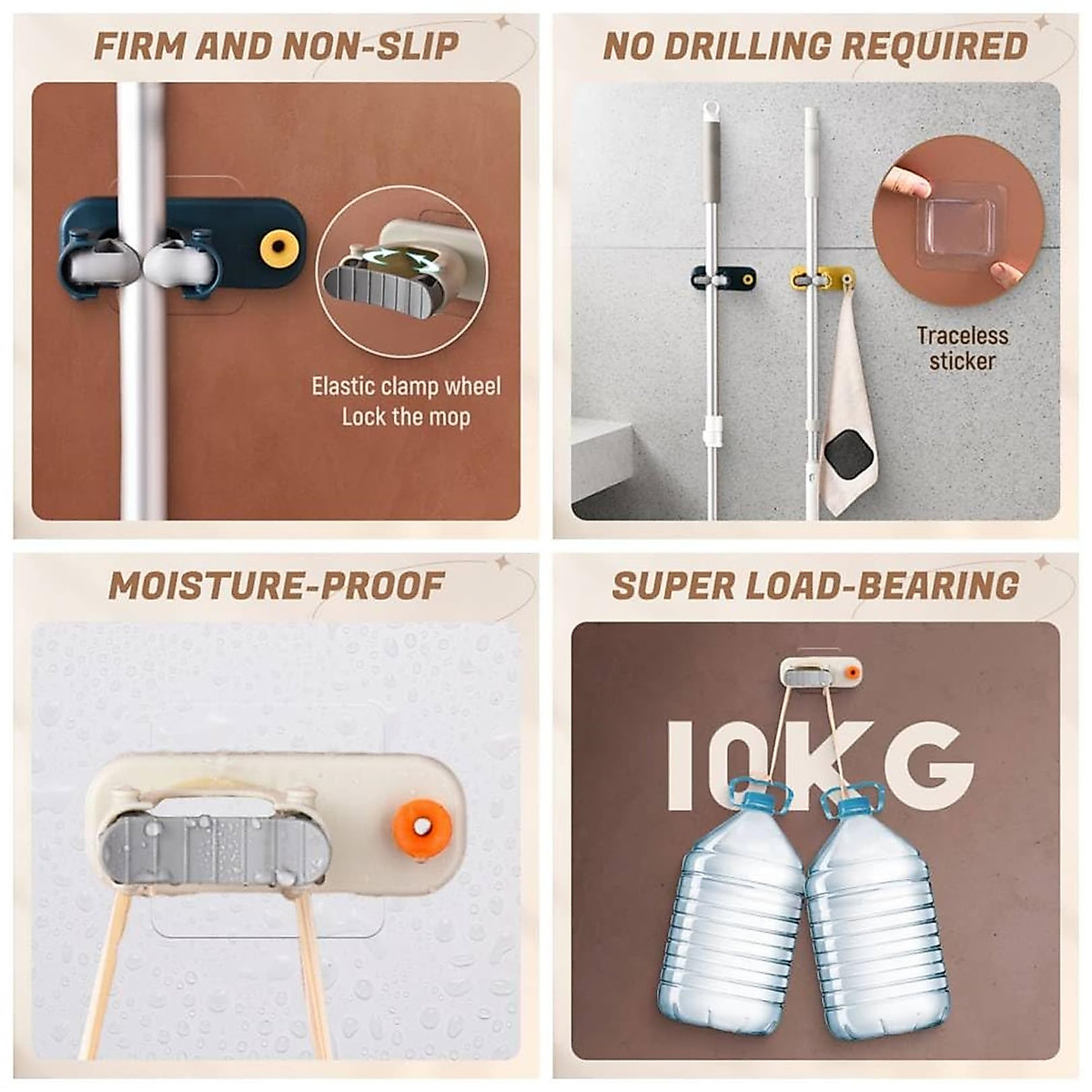 NEIMENG 2024 New Self Adhesive Mop Holder Broom Holder No Drill Wall Mounted Mop and Broom Holder with Hook Hanger for Mop Broom Tool Brush Towel Storage (2pcs),Beige