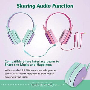 Riwbox Kids Headphones Wired,CS6 Stereo Sound Foldable Headphones for Kids Over Ear Toddler Headphones with Mic and Volume Control Compatible for Smartphones, PC and Tablets (Purple&Green)