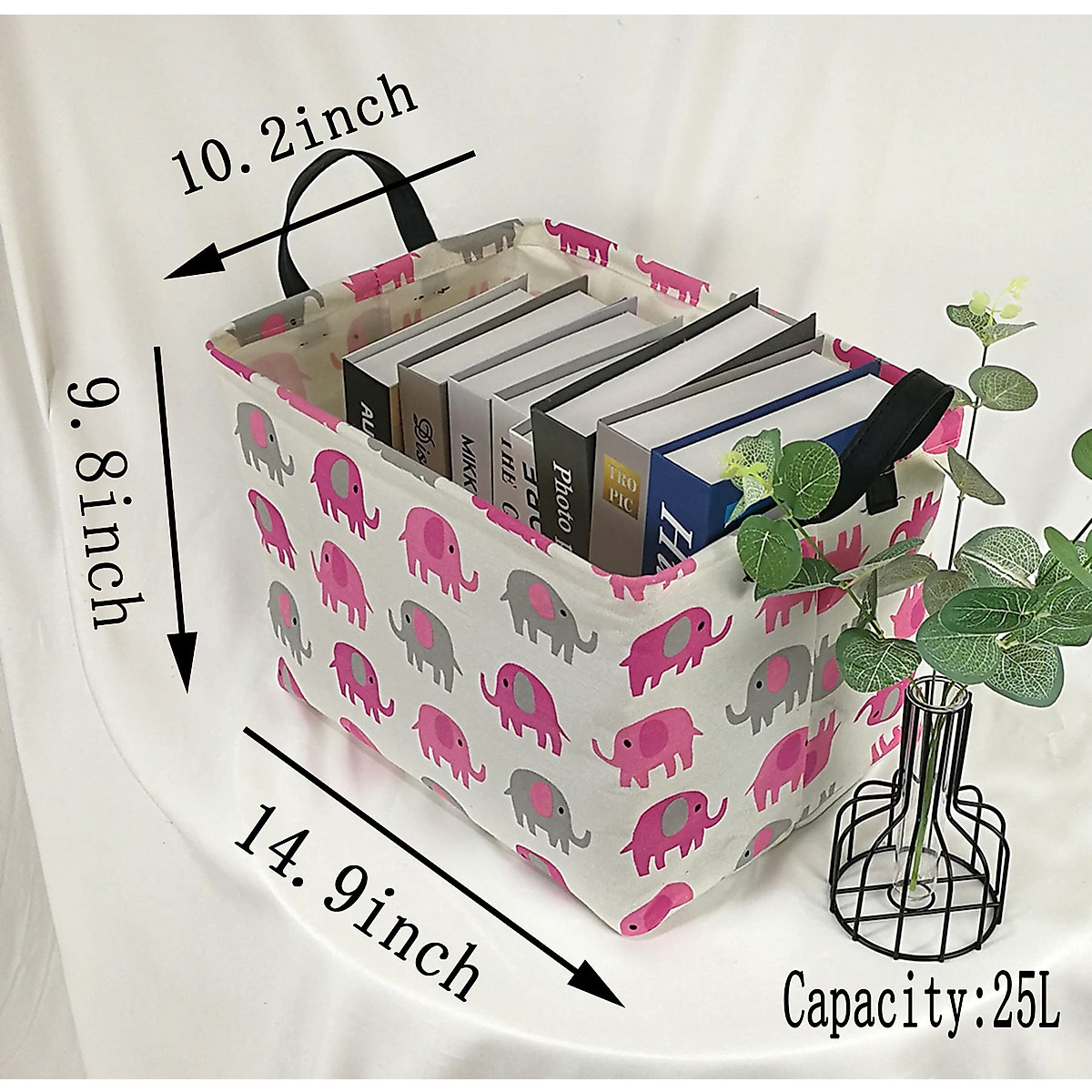 HUAYEE Elephant Print Rectangular Storage Bin Shelf Basket Canvas Fabric Toy Box,Waterproof Coating Nursery Hamper with Handles,Gift Basket for Home,Office,Clothes,Books(pink grey elephant)