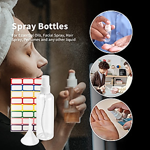YEUIKERR 36 Pack Plastic Small Spray Bottles 4 oz/120 ml, Fine Mist Clear Empty Plastic Small Travel Spray Bottle, with 10 Funnels and 10 Labels