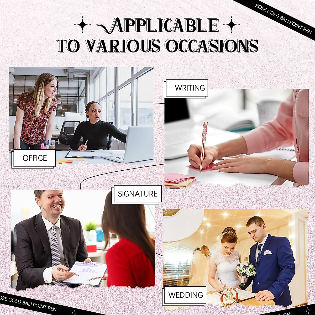 Supervitae 8 Pcs Rose Gold Ballpoint Pen Set Liquid Sand Glitter Metal Crystal Diamond Pen Girly Black Ink Pen Gifts for Wedding Office Desk Supplies