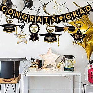 Graduation Hanging Swirl Banner Decorations, Black Gold Silver Star Banner Garland party Supplies for Class of 2023