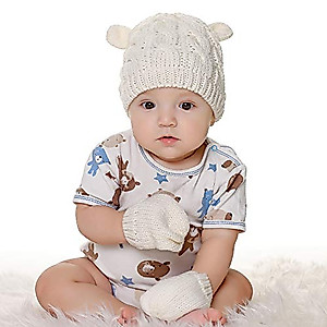 Newborn Winter Beanie Hat Gloves Set for Baby Girls Boys, Infant Toddler Warm Knitted Hat Gloves, Unisex-Baby Beanies (0-1 Months, Pink & White)