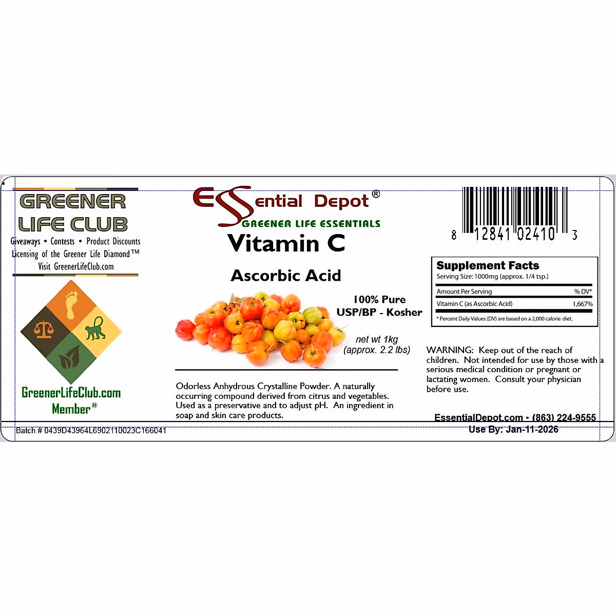 Essential Depot Ascorbic Acid Powder - Vitamin C - 2.2 lbs - 1 KG - USP - Safety Sealed HDPE Container with resealable Cap