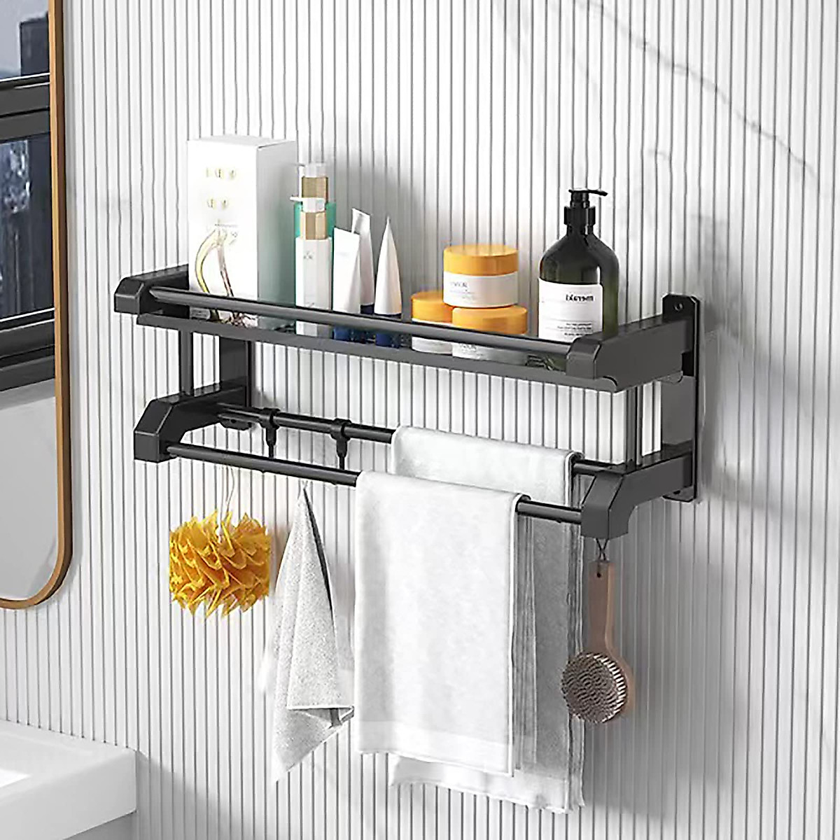 FERFXN Bathroom Shelf with Towel Bar Toilet Storage Shelf Large Towel Racks Storage Shelf 2 Tier Industrial Bathroom Shelves Wall Mounted Wall Shelves for Bathroom/Living Room/Kitchen/Bedroom 40x16cm