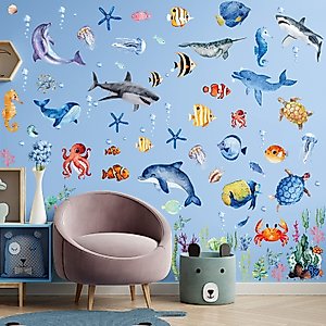 149 Pieces Ocean Animals Wall Decals Jellyfish Wall Stickers Removable Fish Under The Sea View Animals Peel and Sticks Wall Art Decor for Kids Baby Bedroom Living Room Nursery Classroom Decoration