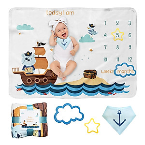 Baby Monthly Milestone Blanket for Baby Boy- Newborn Month Growth Chart Photo Blanket- Baby First Year Calendar- Great