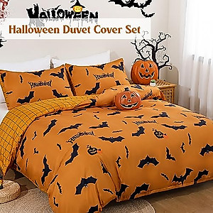 Xruibed Halloween Duvet Cover Set Twin - Pumpkin Bat Orange Bedding With Pillowcase, Horror Comforter Cover for Kids Teens, 2 Pieces, 68"x 86"