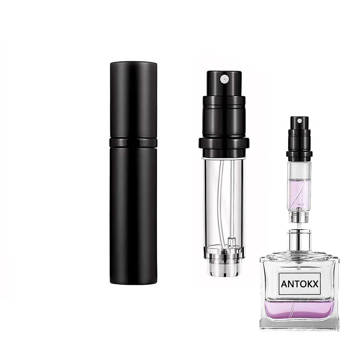 ANTOKX Travel Perfume Bottle Refillable Atomizer - 5ML Perfume Atomiser, Pocket Perfume Dispenser, Scent Pump Case, Leakproof Portable Perfume Sprayer for Women and Men (Black)