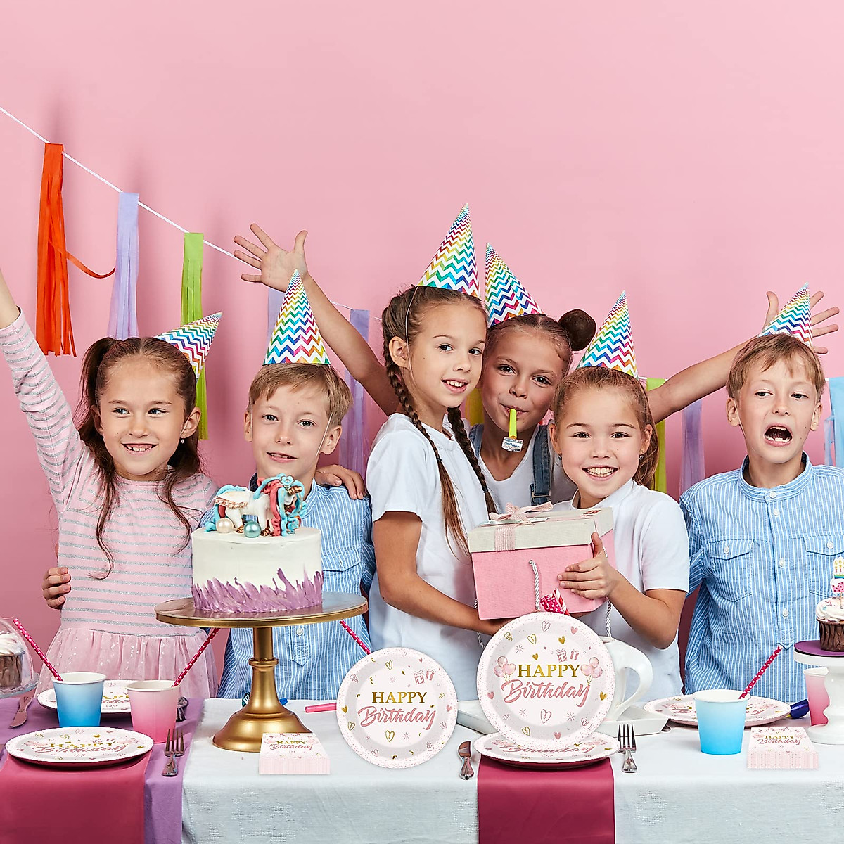 96 Pieces Pink Birthday Tableware Set for Pink Rose Gold Birthday Table Decorations Supplies Birthday Dessert Plates Napkins Forks Women Birthday Disposable Party Favors 24 Guests