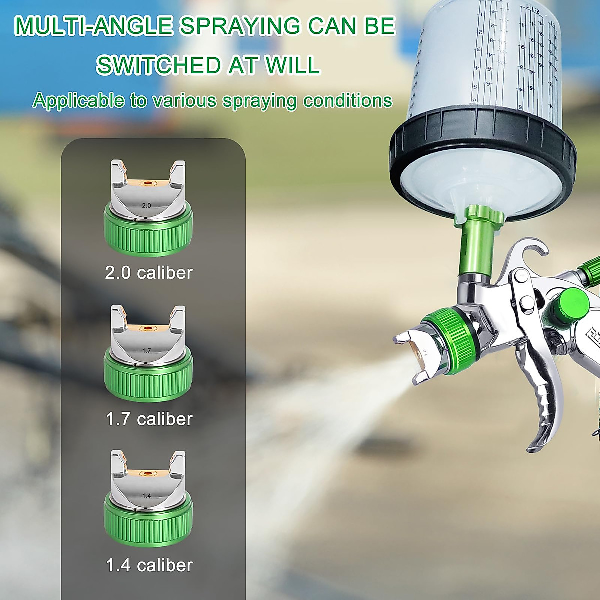 ROIKETU HVLP Paint Sprayer with 10pcs 600ML Mixing Quick Cup,Spray Paint Gun Set Contain 3 Nozzles 1.4/1.7/2mm &Pressure Gauge,Sprayer Gun for Car Painting,Furniture Surface Spraying (Green Set)