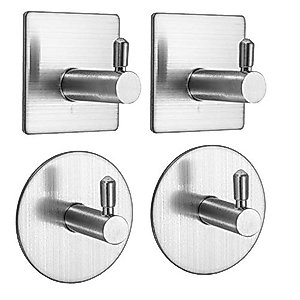 4Packs Towel Hooks SUS 304 Stainless Steel Adhesive Hooks Heavy Duty Wall Hangers, Bathroom Towel Holders Clothes Cabinet Closet Robe Hook Wall Mounted Round Kitchen Door Hanger