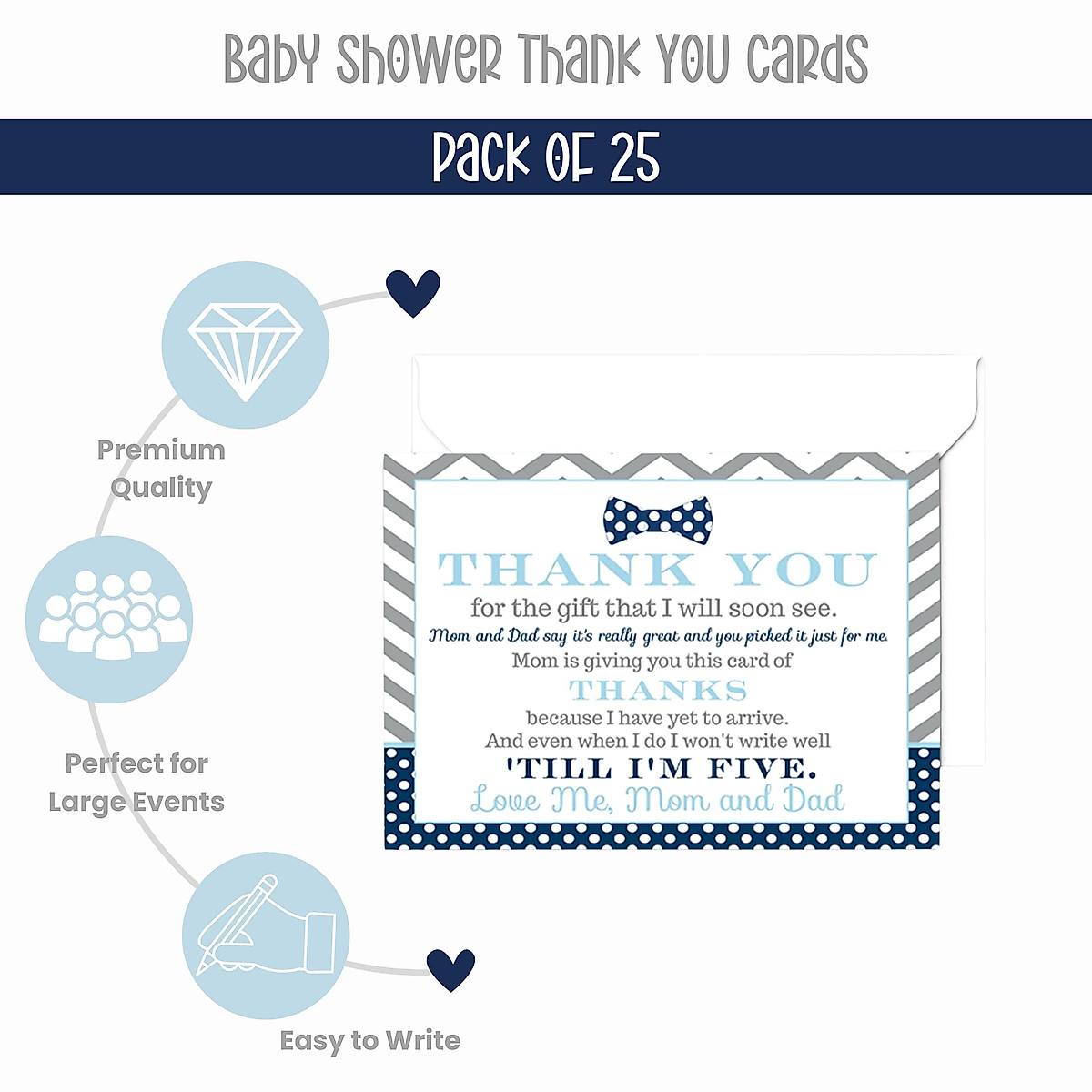 Paper Clever Party 25 Bow Tie Baby Thank You Cards Pack – Boys Baby Shower Notes with Envelopes, Prefilled Message, Customizable Blank Stationery, Adventure Theme, New Parents Gift Ideas