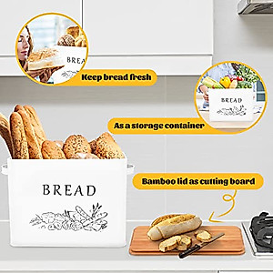 E-far Bread Box for Kitchen Countertop, Metal Bread Storage Container Bin with Bamboo Lid for Cutting Bread, Extra Large & Farmhouse Style, 13” x 7.2” x9.8”, White