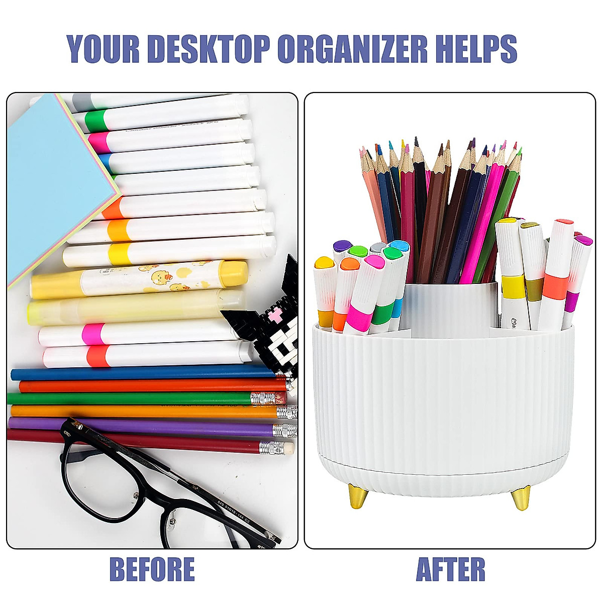 GOGIFTGO Desk Pencil Pen Holder, 5 Slots 360°Degree Rotating Desk Pencil Pen Holder, Desktop Storage Stationery Organizer for Office, School, Home (white)