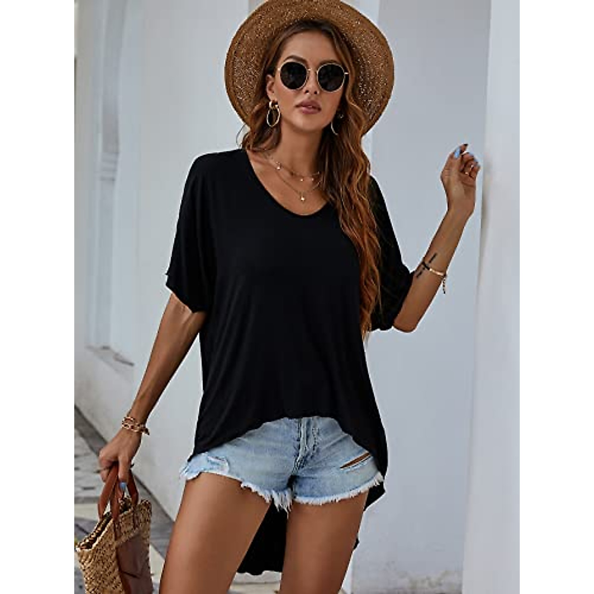 Verdusa Women's Half Sleeve Scoop Neck High Low Long Tee Top Oversized T Shirts Black XL