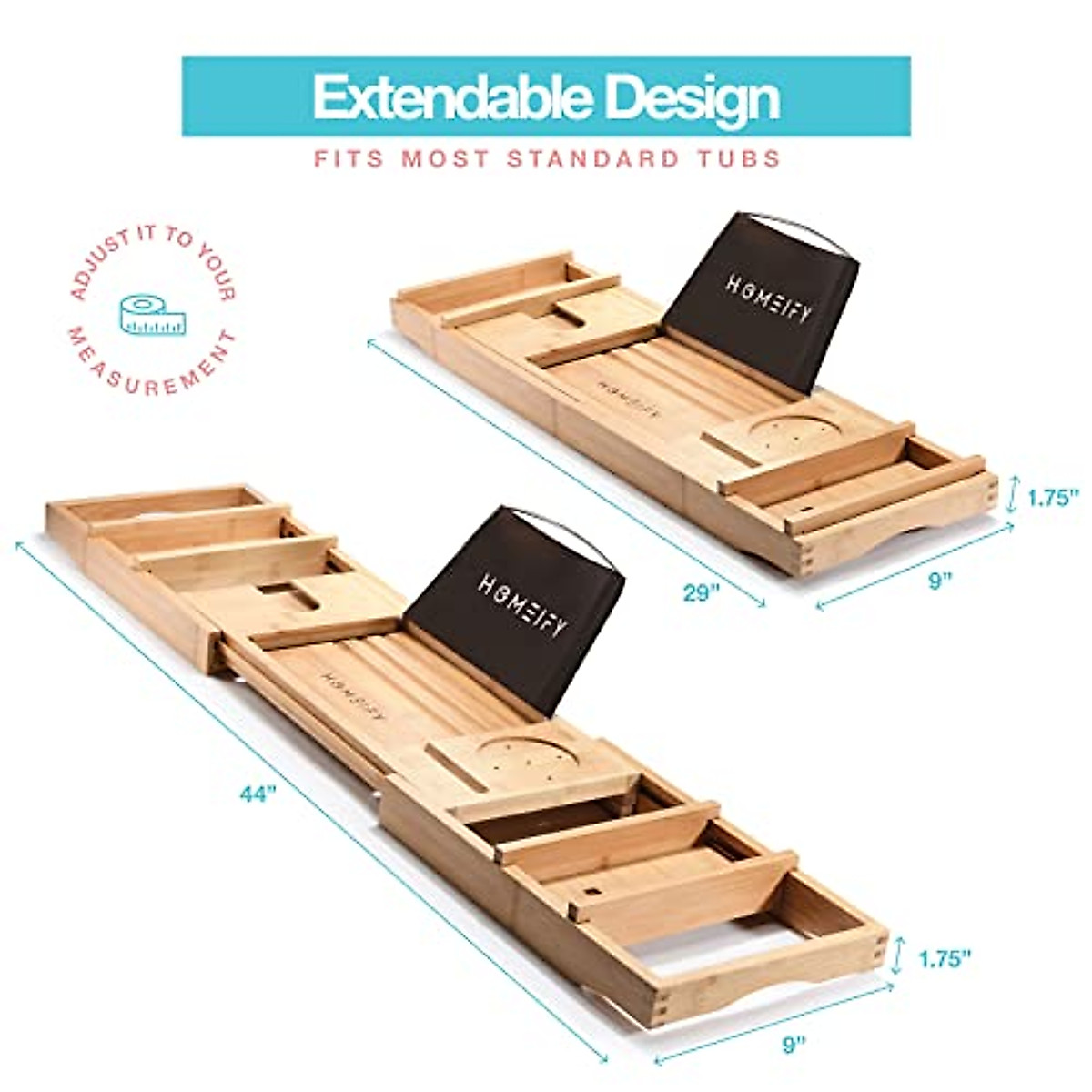 Premium Bamboo Bathtub Tray Caddy - Waterproof Tablet/Phone Case & Razor Slot - Expandable Bath Tray (up to 44in), Luxury Spa Bathtub Caddy, with Adjustable Reading Rack - Patent Pending