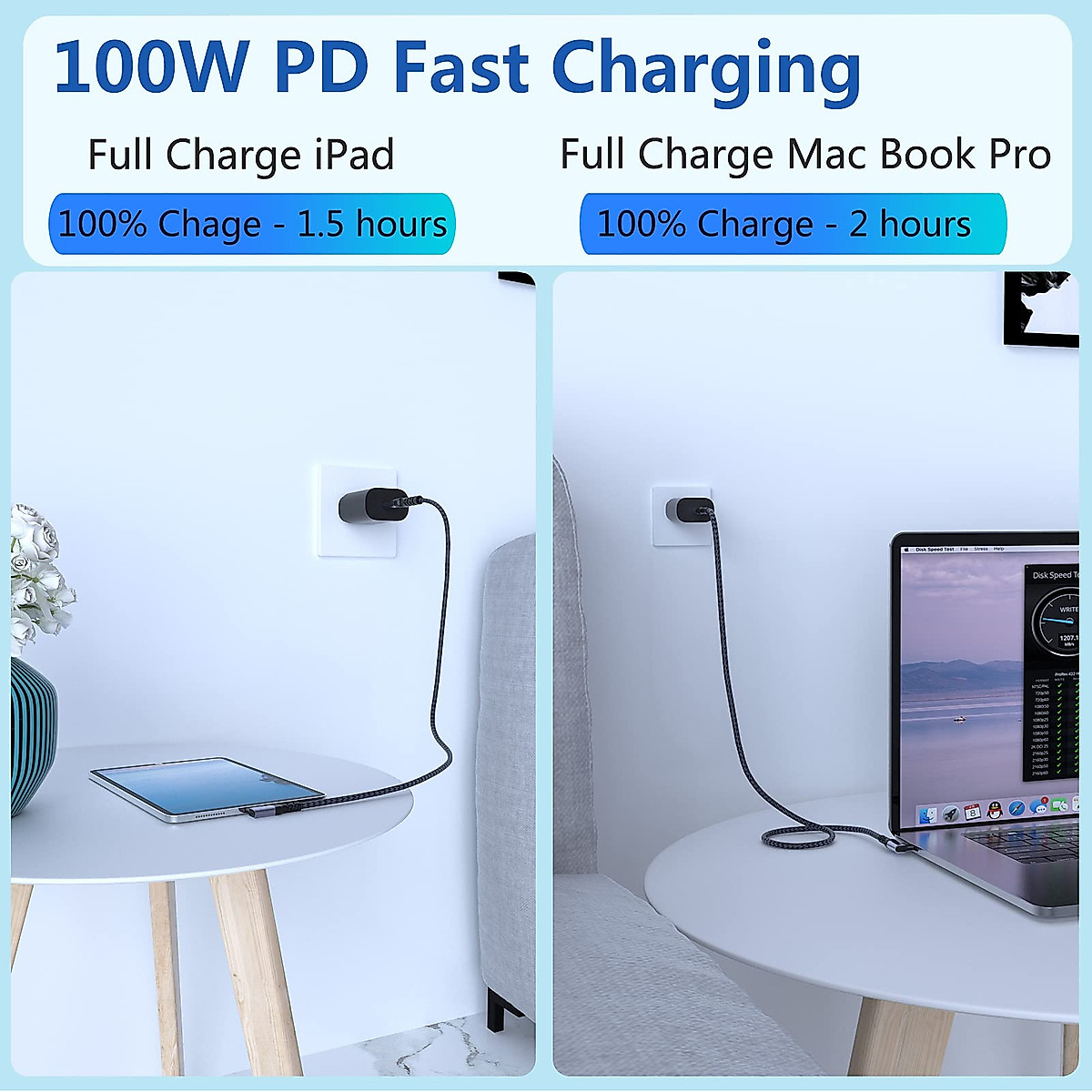 USB C to USB C Cable 100W 10ft, 90 Degree USB C 3.1 Gen2 Cable 20V/5A Fast Charging Cord 4K@60Hz Video Output 10Gbps Data Cable Compatible with MacBook, iPad, Pixelbook, Cellphones and Tablets-Black