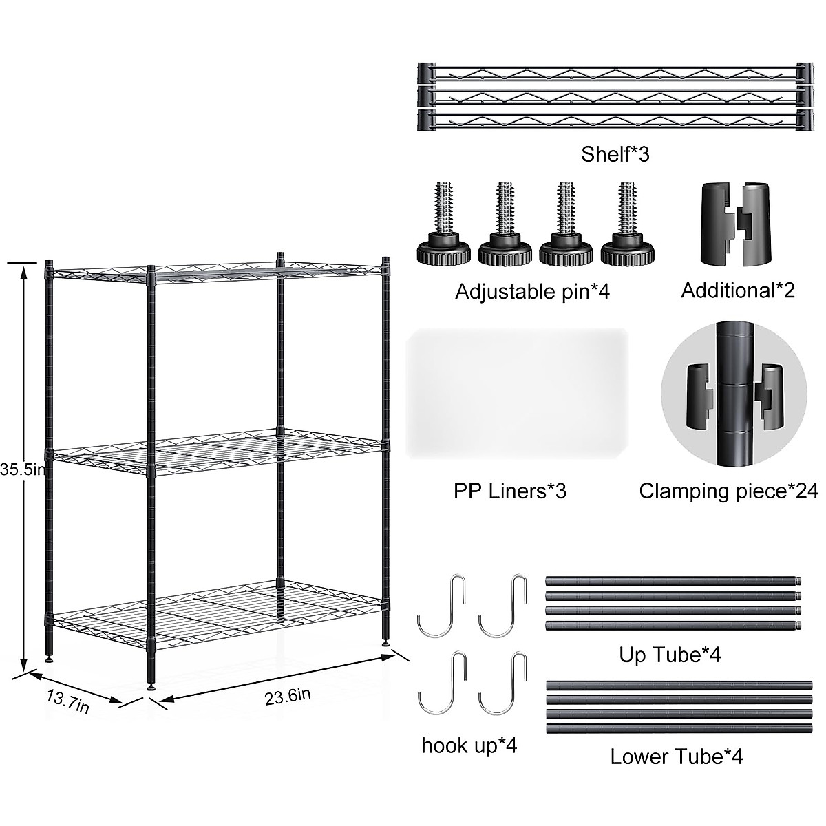 SsngygHme 3 Tier Shelves Storage, Wire Shelf Unit, Standing Adjustable Metal Shelves Organizer, Storage Racks for Restaurant Garage Pantry Kitchen Garage（Large，23.6" L x13.7 W x 35.5" H）…