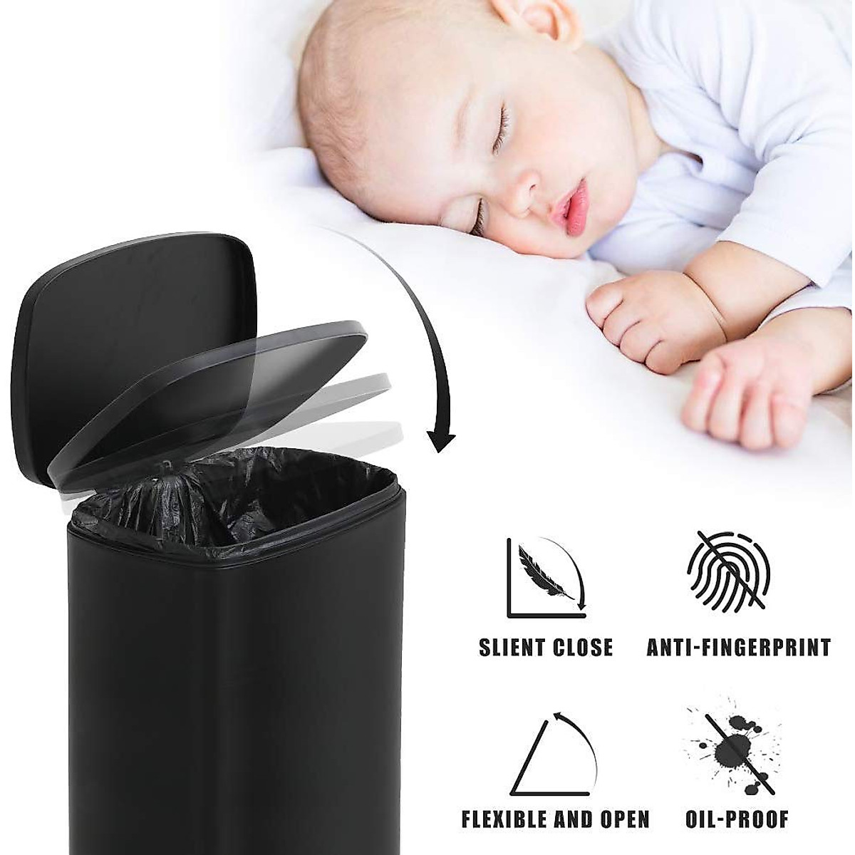 13 Gallon Steel Step Trash Can,Kitchen Trash Can with Lid & Inner Buckets , Stainless Steel Rectangular Garbage Bin , 50 L Pedal Soft Step Slow & Silent Open Close Dustbin for Kitchen, Office (Black)