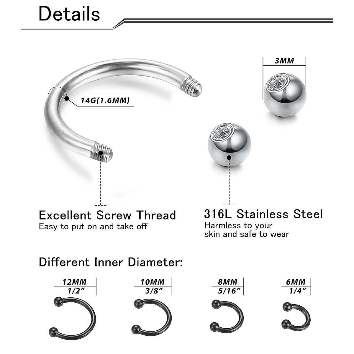 Sanfenly 48Pcs 14G Stainless Steel Horseshoe Nose Septum Rings Piercing Jewelry Cartilage Helix Tragus Earring Hoop Eyebrow Lip Hoop Piercing Ring for Women Men 6mm 8mm 10mm 12mm