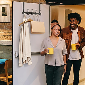 SAYONEYES Matte Black Over The Door Hooks - Heavy Duty Stainless Steel Door Hanger Holder with 5 Tri Hooks for Hanging Coat Robe Hat Bag Towel Rack Bathroom, Bedroom, Closet – 1 Pack