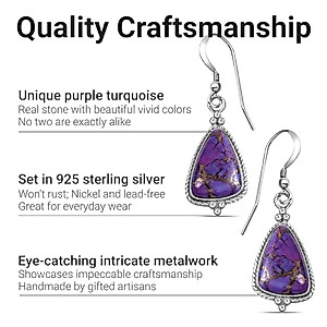 Shop LC Purple Turquoise Dangle Drop Earrings in 925 Sterling Silver - Handmade Western Jewelry for Women - Boho Beach Dangling Earrings - Unique Gifts for Sister, Wife, Mom, & Grandma Gifts for