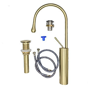 Luxury High Arc Single Handle One Hole,Tall Modern Bathroom Vessel Sink Faucet, Solid Brass Lavatory Vanity Faucet, Free Pop Up Drain Assembly and Water Hoses. cUPC Certified (Brushed Gold)