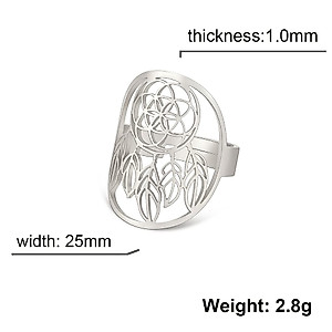 Dreamtimes Dream Catcher Ring for Women Fashion Hollow Out Dream Rings Stainless Steel Adjustable Finger Rings Feather Forest Leaf Rings Tassel Bohemian Retro Ethnic Rings