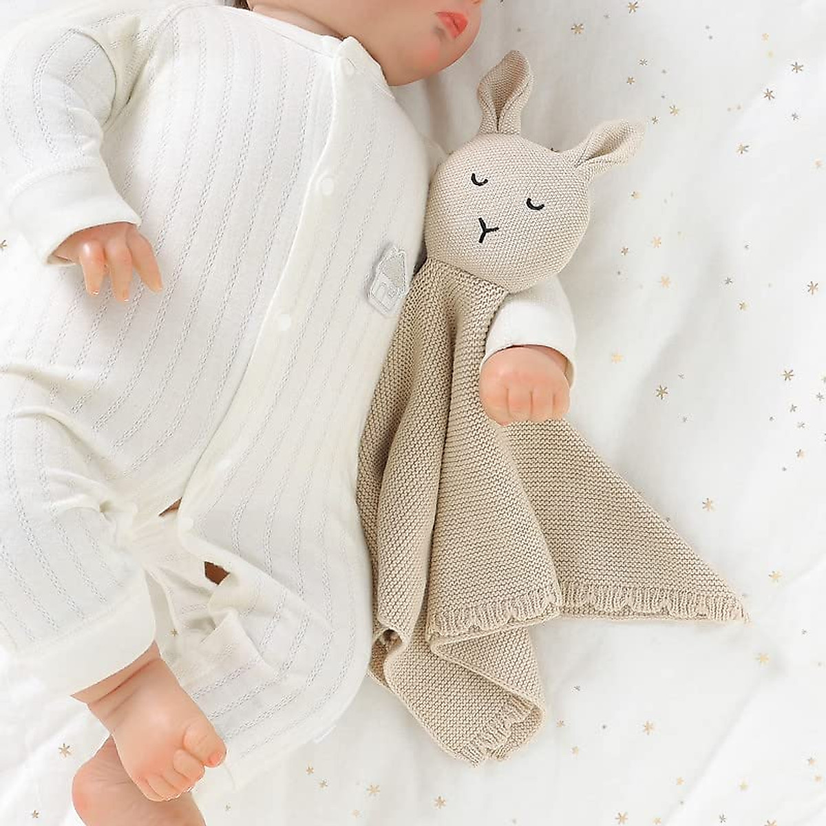 LAWKUL Baby Lovey Knit Cotton Babe Security Blanket Bunny Comforter Blankie Adorable Soft Newborns Lovies for Boy Girl Beige