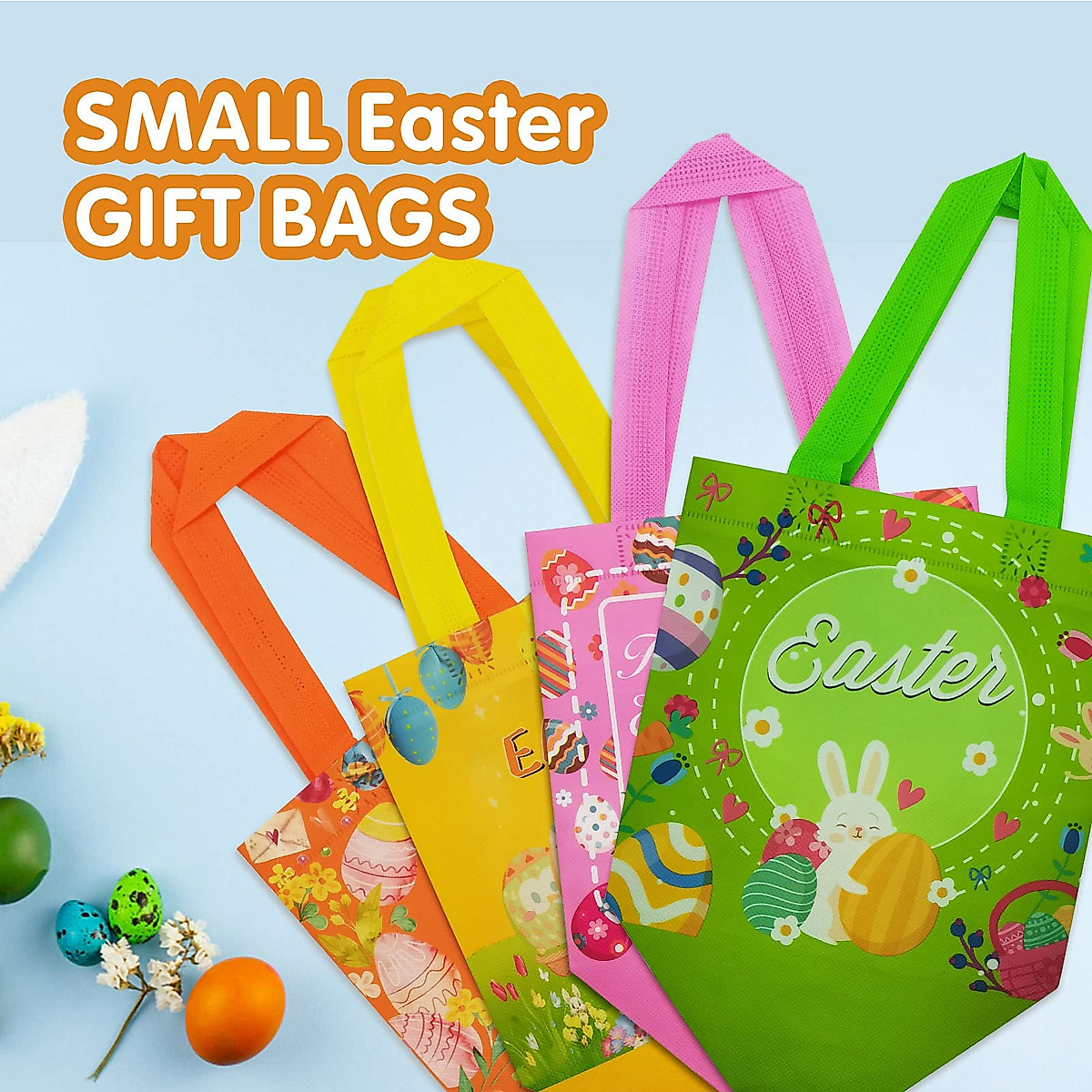 Easter Gift Bags 9 Piece, Easter Bags With Handles, Small Easter Egg Hunt Bags, Reusable Non-Woven Easter Tote Party Bags, Easter Goodie Bags Decorated With Rabbits, Eggs