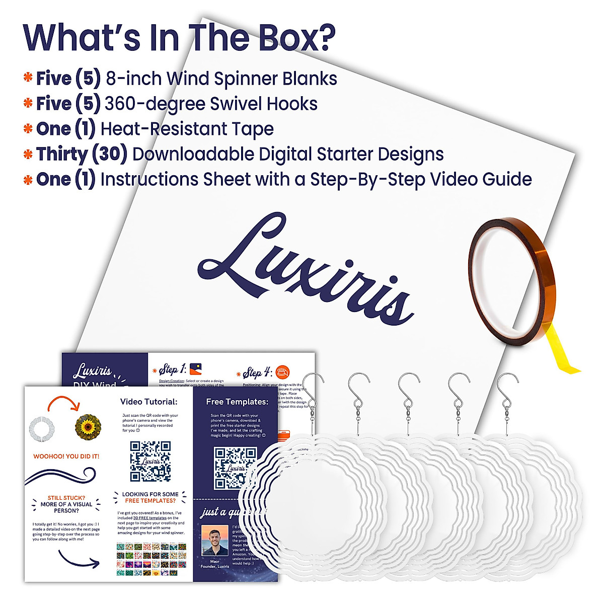 Luxiris Sublimation Wind Spinner Blanks 8 Inch - 5 Pack Bulk Products | 3D Aluminum, Hanging DIY Wind Spinners Sublimation for Yard and Garden | with Heat Resistant Tape & 30 Digital Starter Designs