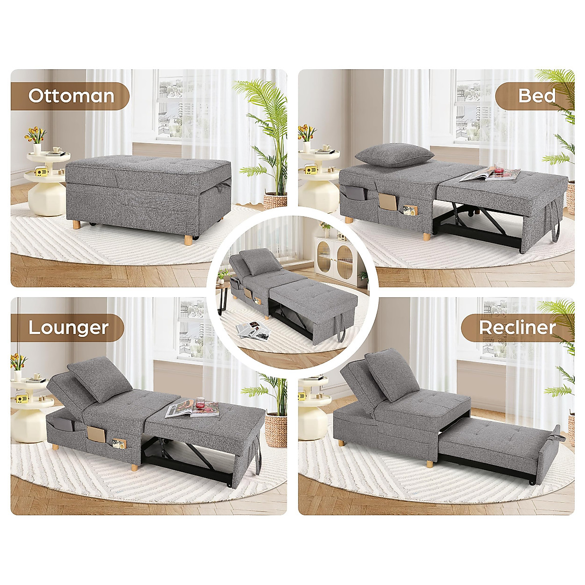 SEJOV Convertible Sofa Bed, 4-in-1 Sleeper Sofa Chair Bed with 6 Adjustable Backrest and Pillow,3-Seat Folding Ottoman Couch Bed Linen for Bedroom Small Space Living Room Office, Grey