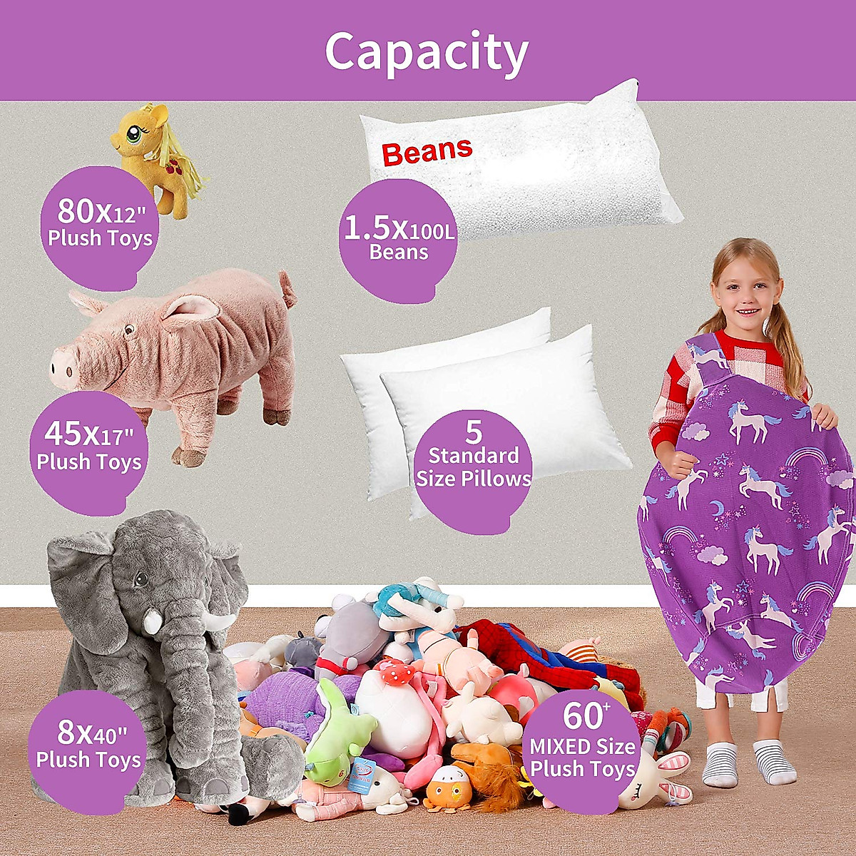 Aubliss Stuffed Animal Bean Bag Storage Chair (Purple Unicorn, Medium (32''))