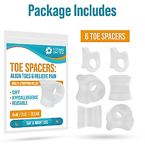5 STARS UNITED Toe Spacers for Men and Women – 4 Gel Toe Separators for Curled and Overlapping Toes, Bunions, Hammer Toe Straightener, Big and Second Toe Spreader - White