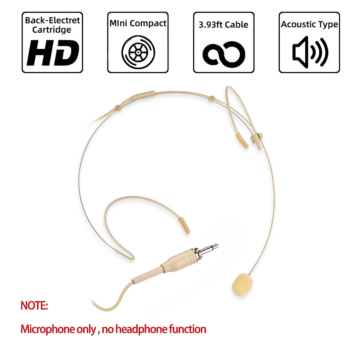 Sujeetec Microphone Headset Discreet Headworn Earset Over Ear Hanging Mic for Wireless System Bodypack Transmitter, Ideal for Lectures, Live Performance, Theater, Podcasts – Beige