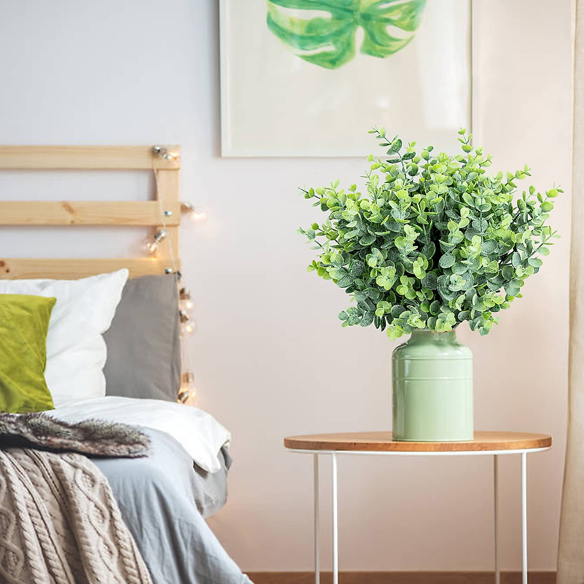 6 Bundles Artificial Boxwood Shrubs Eucalyptus Greenery Stems Fake Plants Outdoor Fade Resistant Faux Plastic Plants for Garden Home Porch Patio Window Box Bedoom Decor, Frosted Green