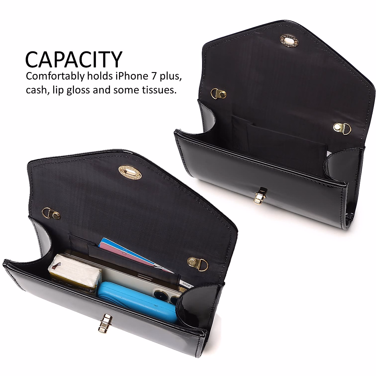 Patent Leather Envelope Clutch Womens Evening Handbag Stylish Shoulder Crossbody Bag for Dating Wedding Party Prom (Black 3008)