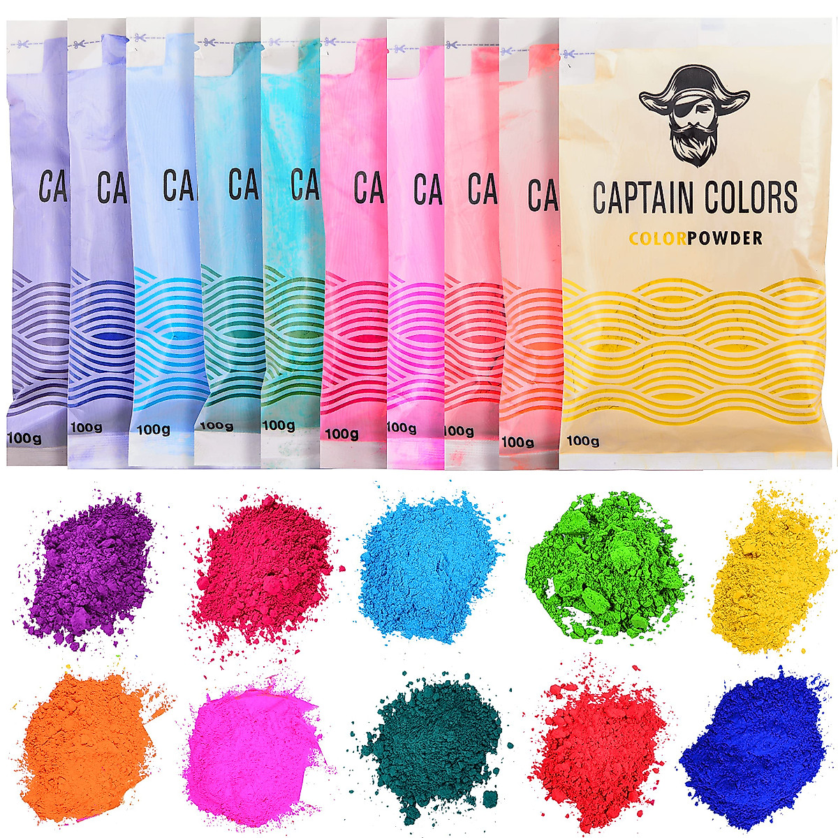 10 Colors x 100gram Each - Holi Color Powder, 10 Natural Powders for Color Fights, Fun Runs, Summer Camps, Festivals, 5k Marathons, Gender Reveals, Parties, Fundraisers, and Rangoli - (100gram Each)
