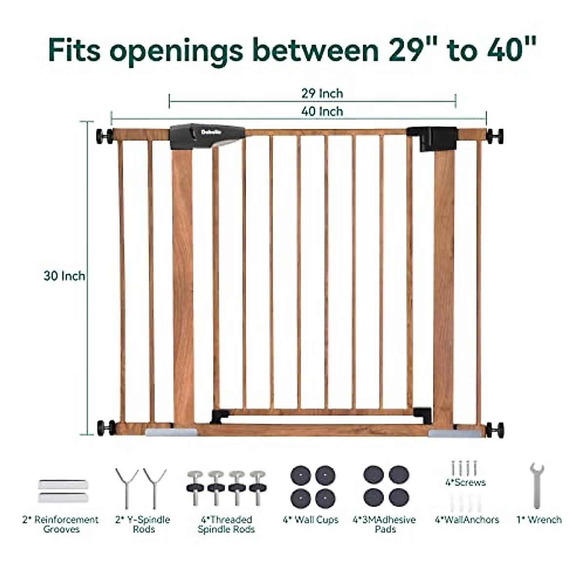BABELIO Metal Baby Gate with Wood Pattern, 29-40" Easy Install Pressure Mounted Dog Gate, Ideal for Stairs and Doorways, with Wall Protectors and Extenders, No Tools Required