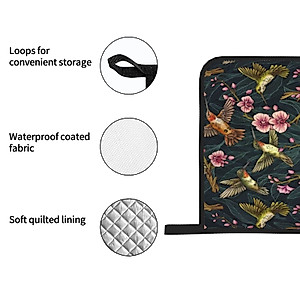 Hummingbird Flower Oven Mitts and Pot Holders Cute Heat Resistant Kitchen Set Microwave Golves and Hot Pads for Safe Cooking Baking Grilling BBQ