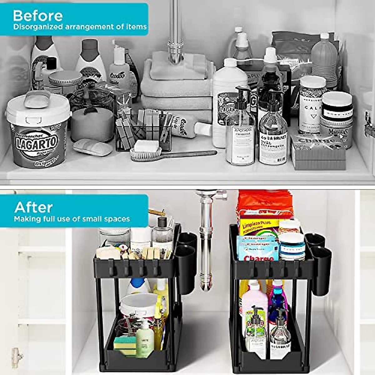 2 Pcs 2-Tier Under Sink Organizers and Storage with Bottom Pull Out Drawers, Towels Hooks and Hanging Cups, Bathroom/Kitchen Multipurpose Miscellaneous Supplies Organization And Storage Rack