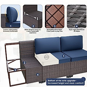 Delnavik Patio Furniture Set with Fire Pit Table 13 PCS Outdoor Sectional Furniture Outdoor Rattan Patio Conversation Sets with 43in 55,000 BTU Propane Gas Fire Pit Table Glass Table, Navy Blue