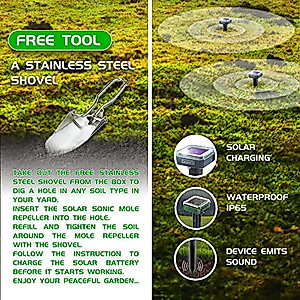 DESMORE 4 Pcs Solar Sonic Mole, Vole and Gopher Repeller with a Beautiful Free Stainless Foldable Shovel, 100% Safe, Single Device Coverage Up to 6,700 Sq.ft, IP65 Waterproof(Color Box Packaging)