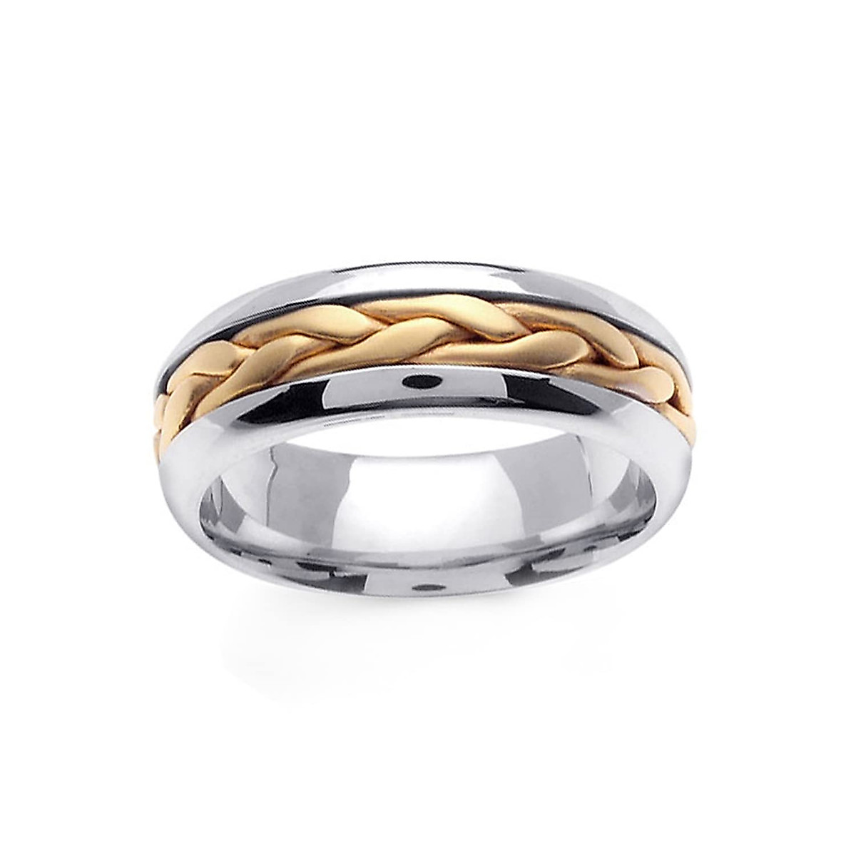 TGDJ Two Tone Yellow Gold Braided Wedding Band - 7 mm Handmade Beautifully Crafted White Gold Wedding Ring for Couple - Yellow Gold Braided With White edges - Free Customized Engraving (14k Gold, 5)