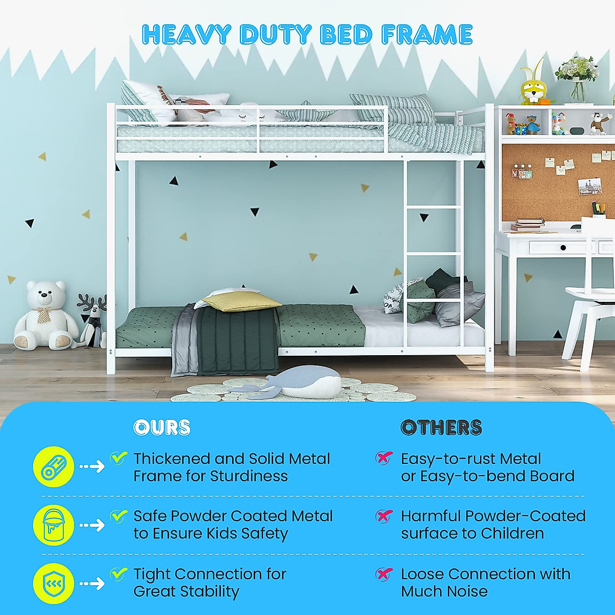 GOFLAME Twin Over Twin Bunk Bed, Metal Frame Loft Bunk Bed with Ladder and Guard Rail, Heavy-Duty Slatted Floor Bunk Bed Frame for Kids, Teens, No Box Spring Needed (White)