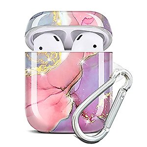 JIAXIUFEN AirPods Case Cover Gold Sparkle Glitter Marble Design Cute Full Protective Silicone TPU Skin Accessories for Women Girl with Keychain for AirPods 2 & 1 Charging Case - Pink Purple