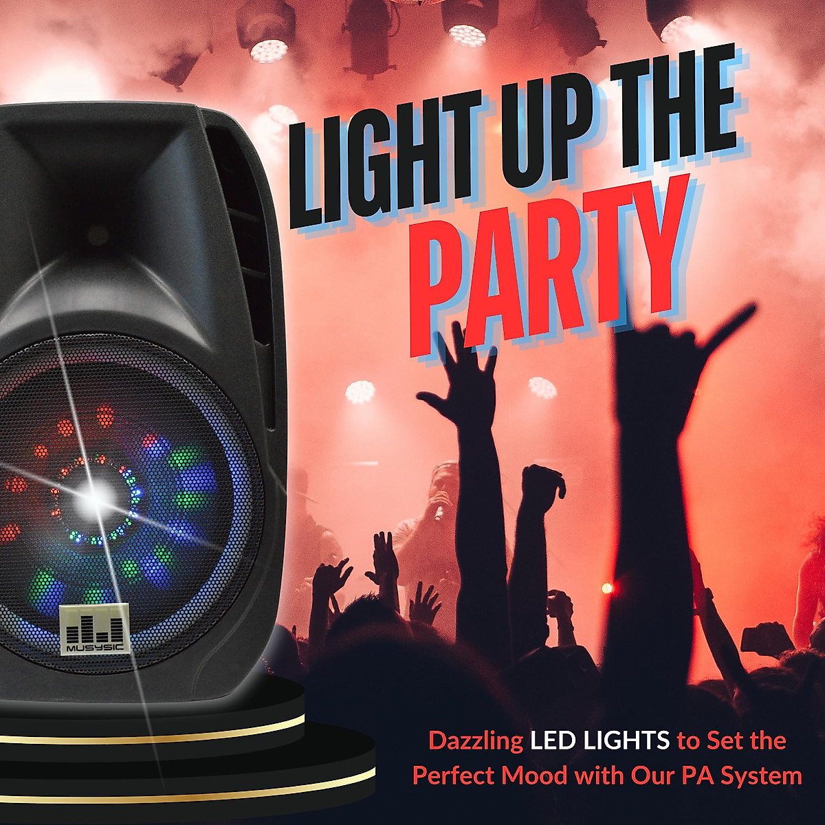 MUSYSIC PA Power Bluetooth Speaker 2000W with Dual UHF Wireless Microphones Bluetooth/FM/USB/SD PA System 15” Speaker with Rechargeable Battery MU-U15PA