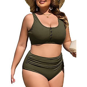 Summer Mae Plus Size Women Ribbed Bikini Set Two Piece High Waist Swimsuit Scoop Top Tummy Control Bathing Suit Swimwear Olive 22 Plus